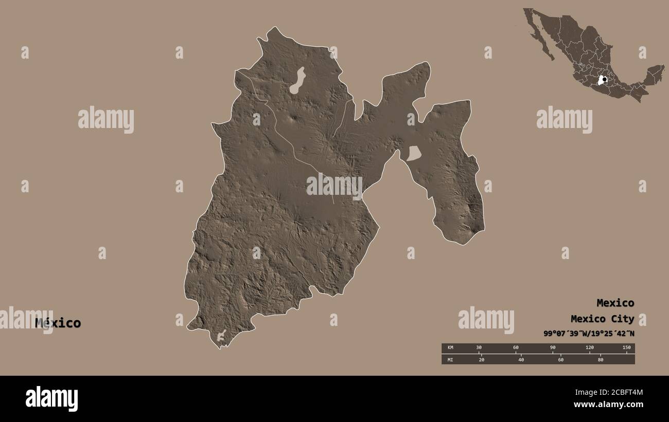 Shape of México, state of Mexico, with its capital isolated on solid ...