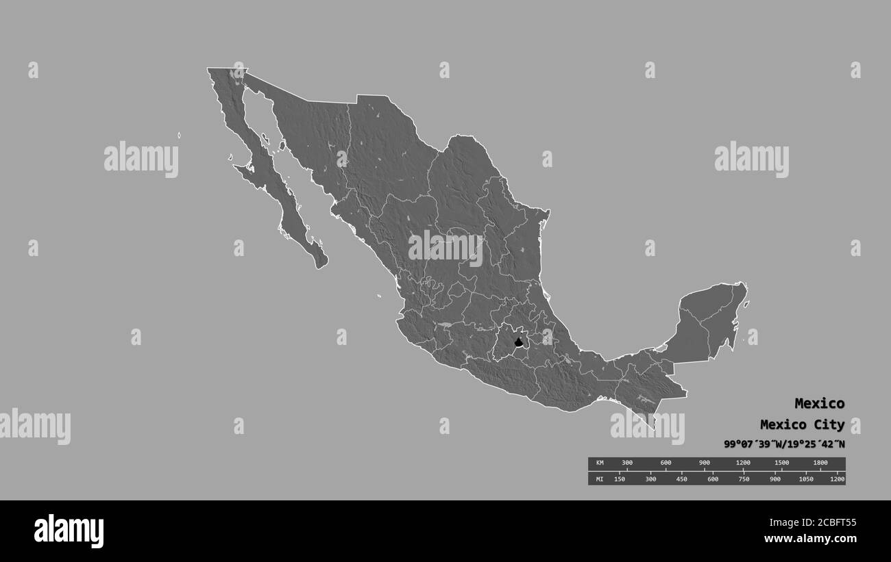 Desaturated shape of Mexico with its capital, main regional division ...