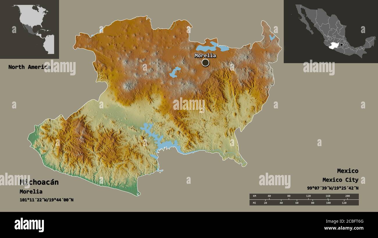 Shape of Michoacán, state of Mexico, and its capital. Distance scale ...