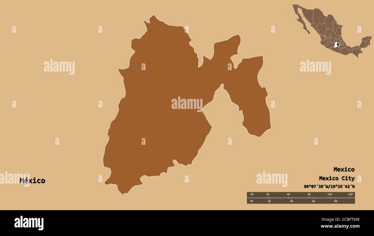 Shape of México, state of Mexico, with its capital isolated on solid ...