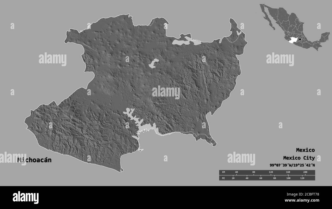 Shape of Michoacán, state of Mexico, with its capital isolated on solid ...