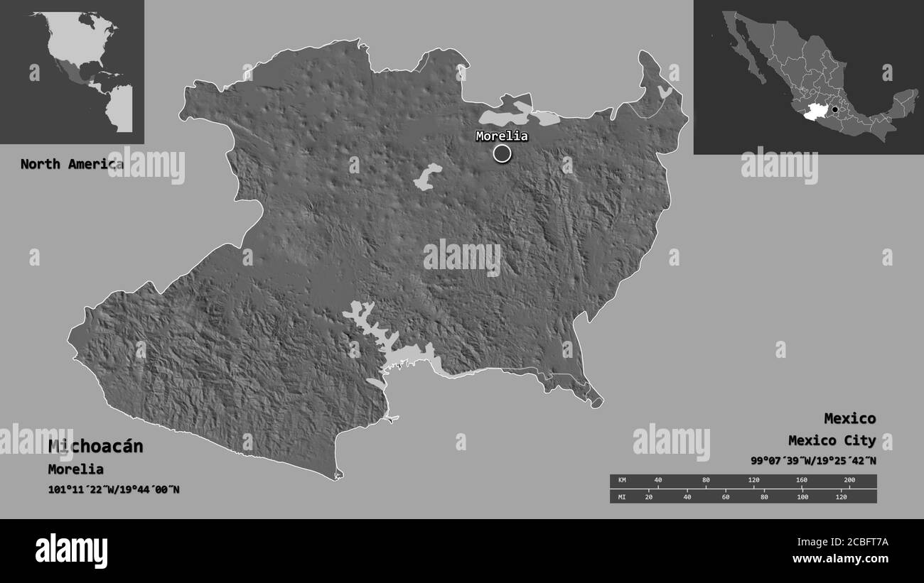 Shape of Michoacán, state of Mexico, and its capital. Distance scale ...
