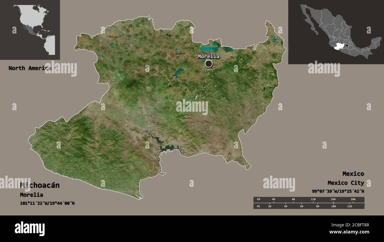 Shape of Michoacán, state of Mexico, and its capital. Distance scale ...