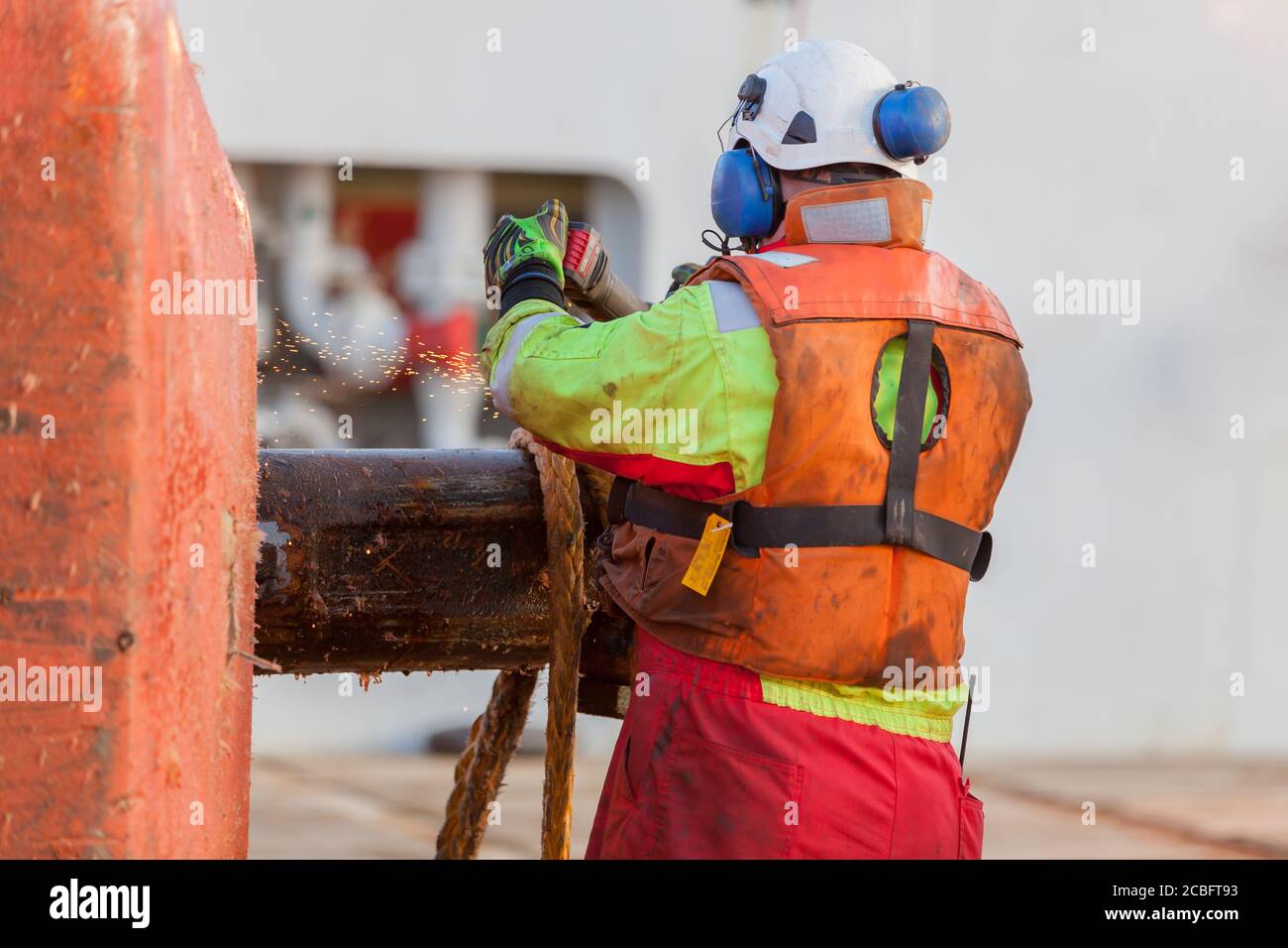 NORTH SEA, NORWAY - 2015 JANUARY 19. Able seaman working on deck during ...