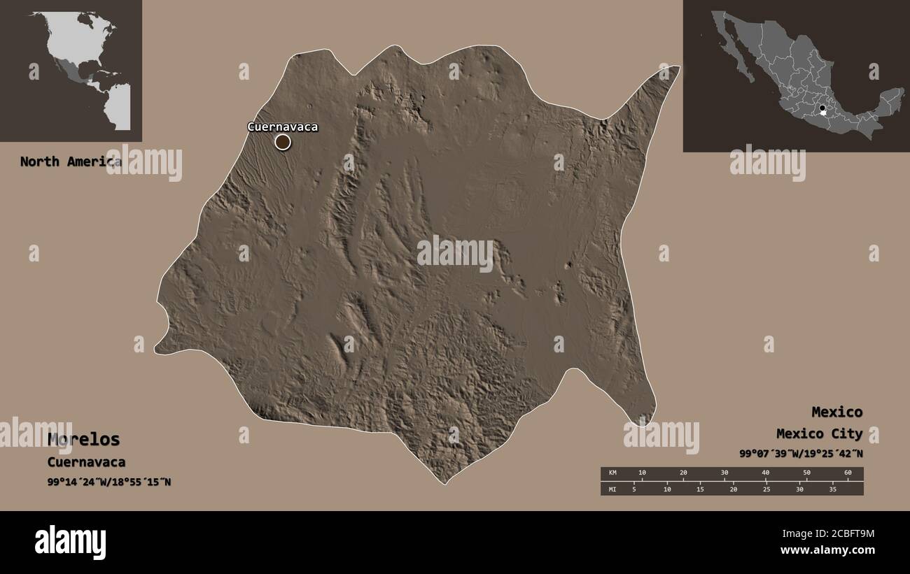 Shape of Morelos, state of Mexico, and its capital. Distance scale ...