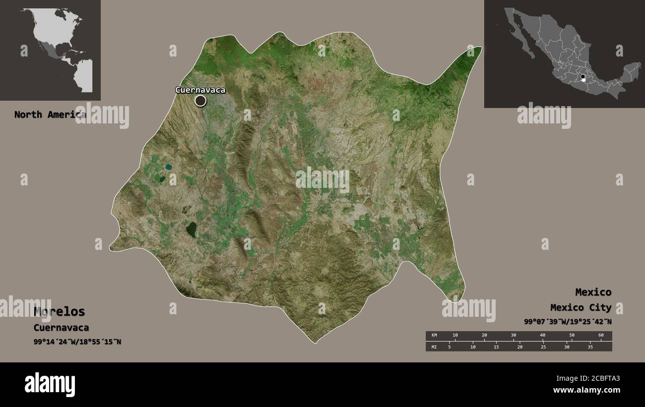 Shape of Morelos, state of Mexico, and its capital. Distance scale ...