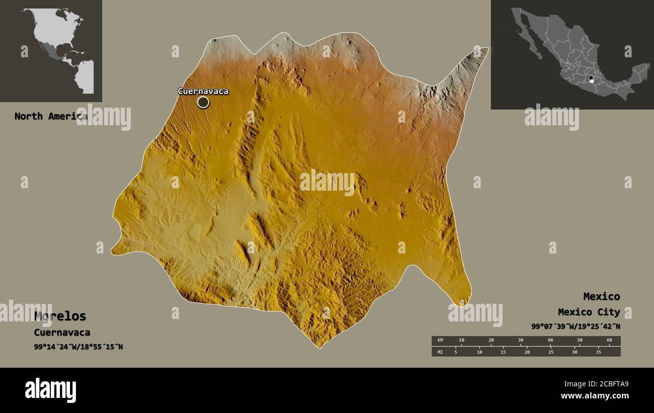 Shape of Morelos, state of Mexico, and its capital. Distance scale ...