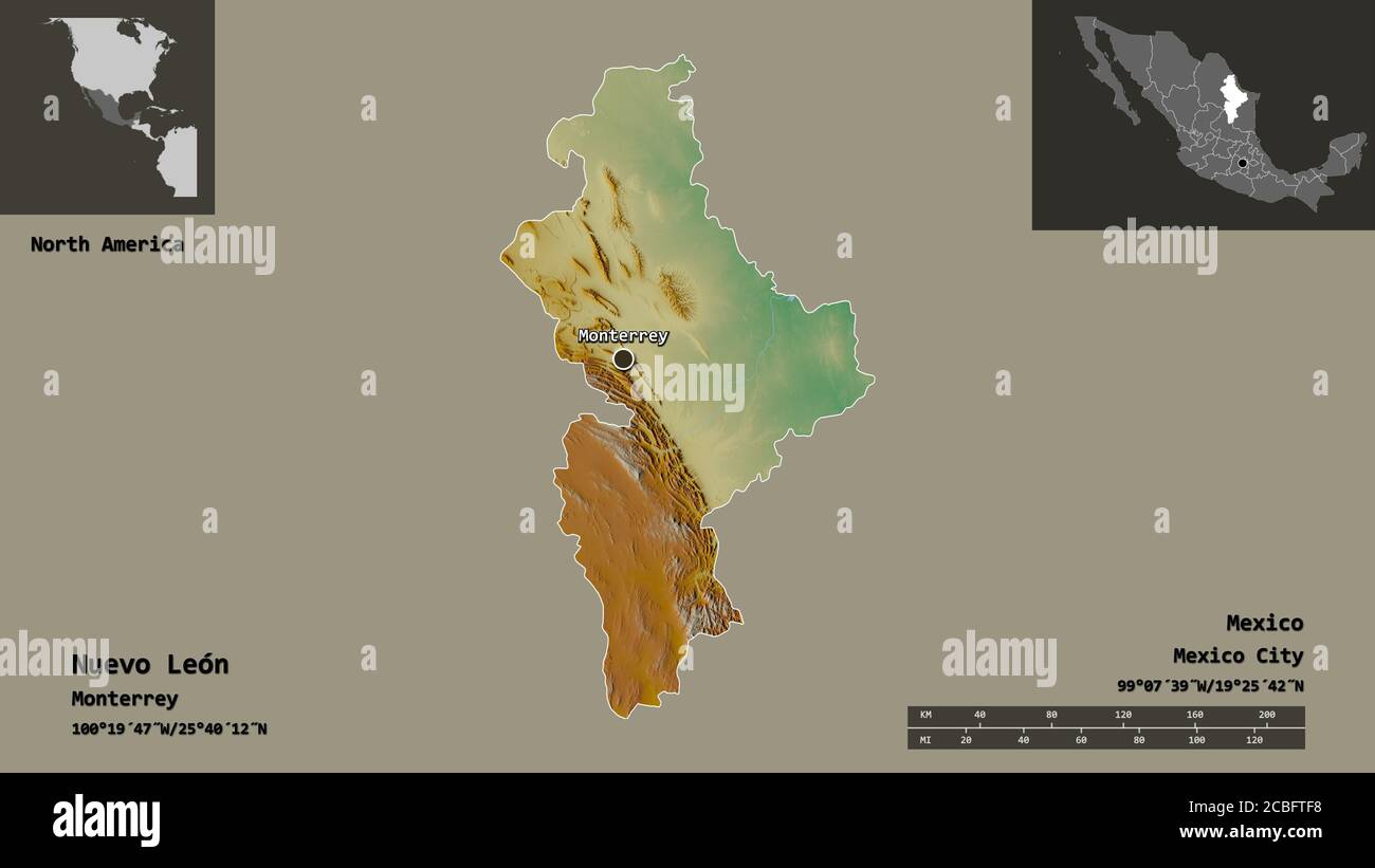 Shape of Nuevo León, state of Mexico, and its capital. Distance scale ...
