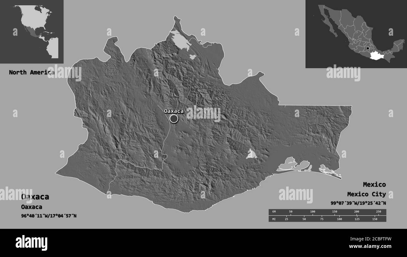 Shape of Oaxaca, state of Mexico, and its capital. Distance scale ...