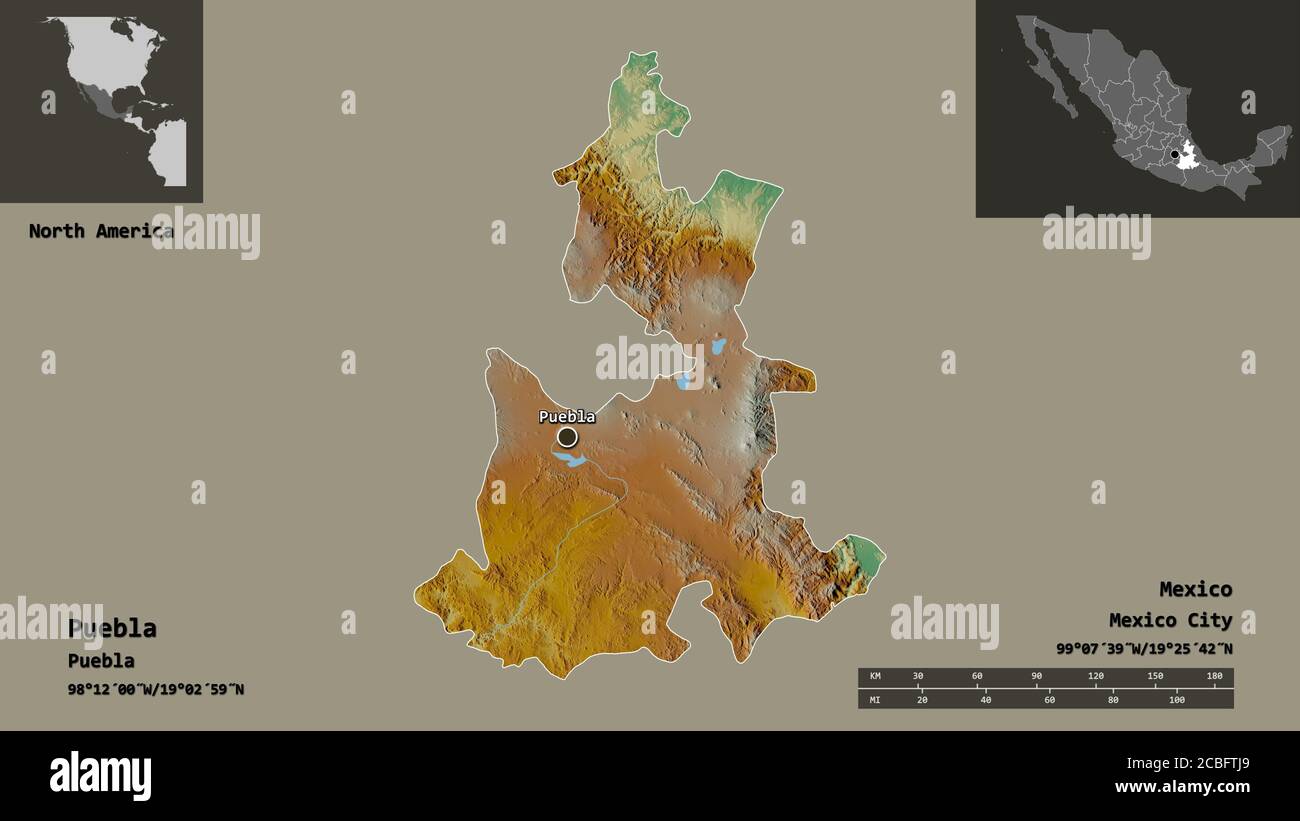 Shape of Puebla, state of Mexico, and its capital. Distance scale ...