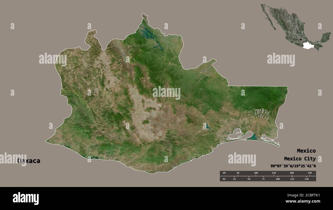 Shape of Oaxaca, state of Mexico, with its capital isolated on solid ...