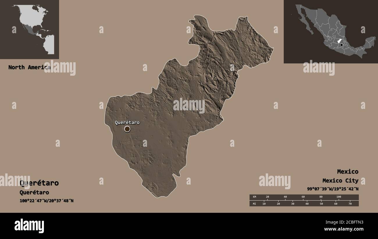 Shape of Querétaro, state of Mexico, and its capital. Distance scale ...