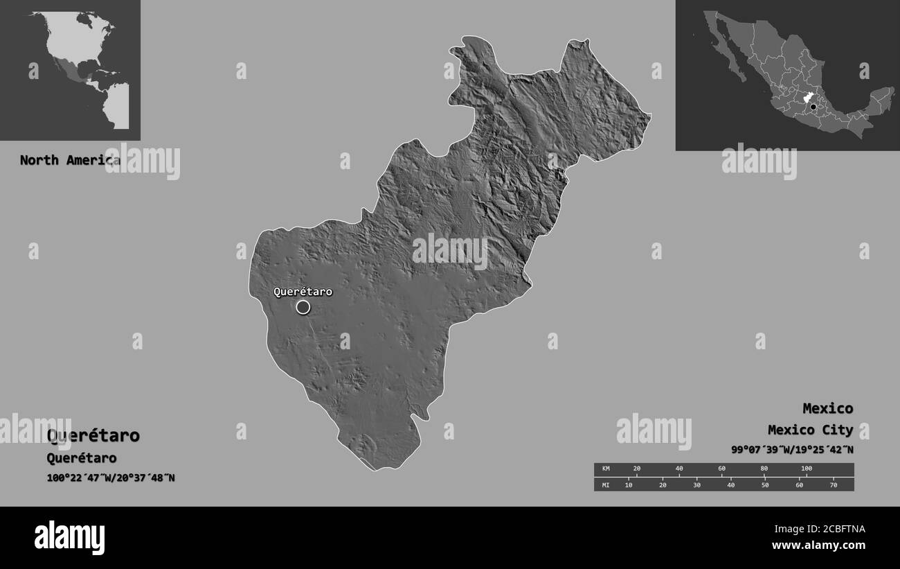 Shape of Querétaro, state of Mexico, and its capital. Distance scale ...