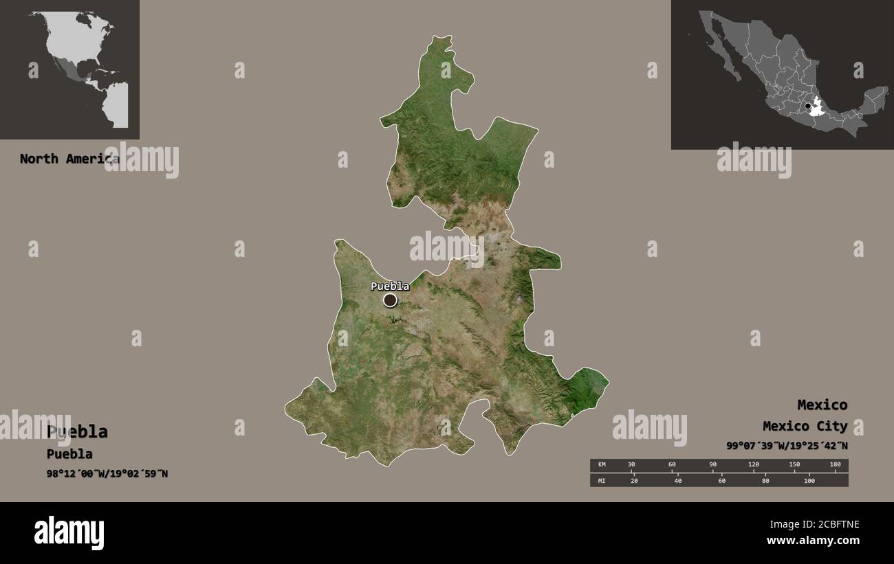 Shape of Puebla, state of Mexico, and its capital. Distance scale ...
