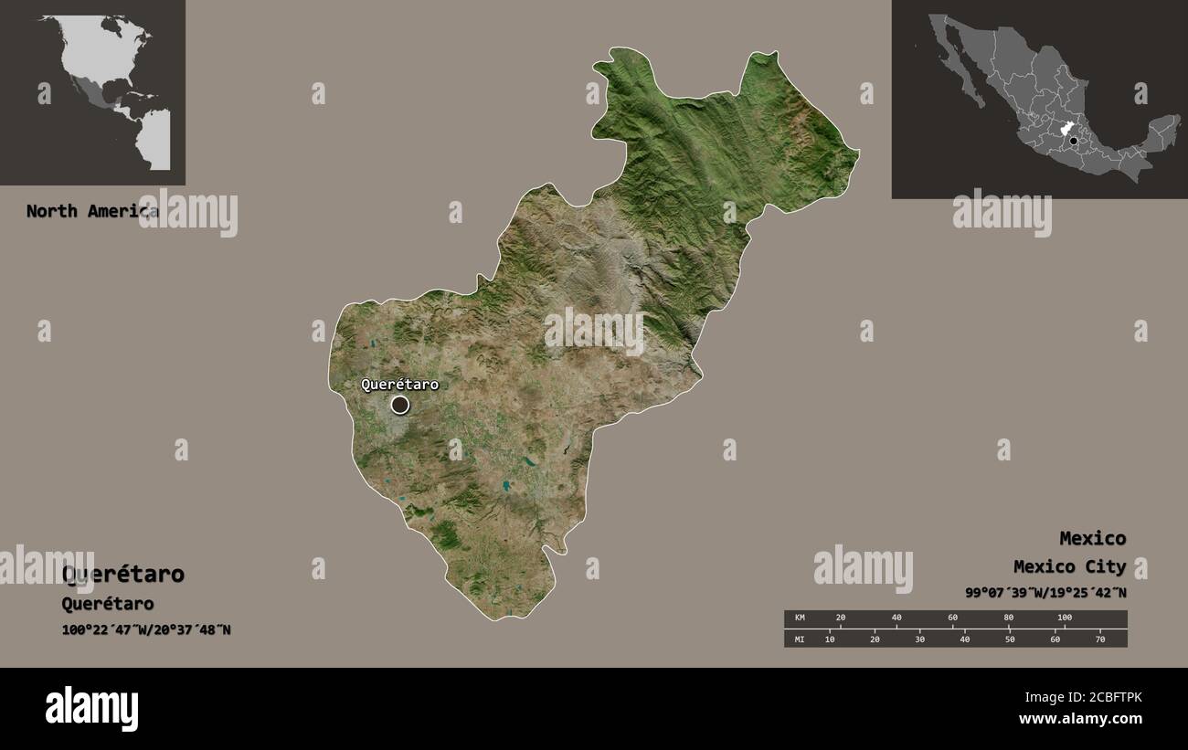 Shape of Querétaro, state of Mexico, and its capital. Distance scale ...