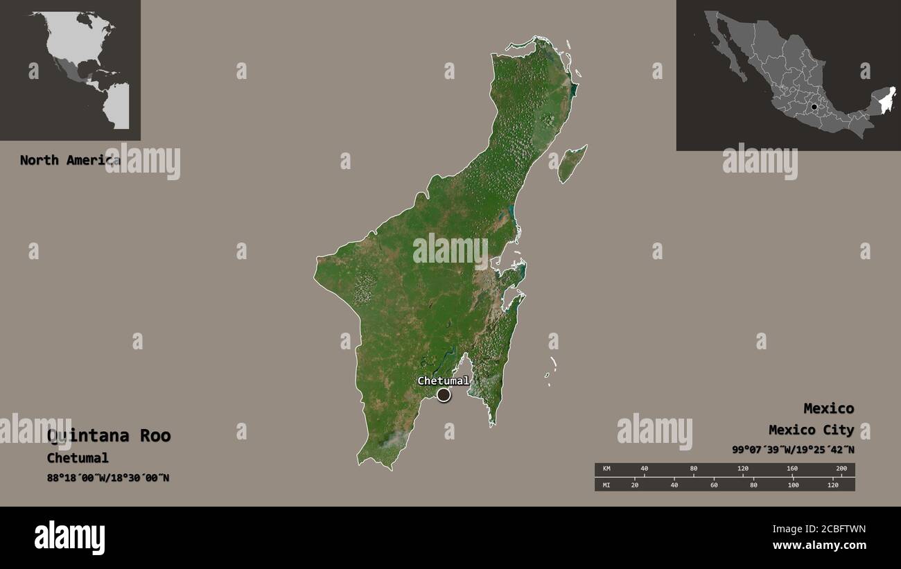 Shape of Quintana Roo, state of Mexico, and its capital. Distance scale ...