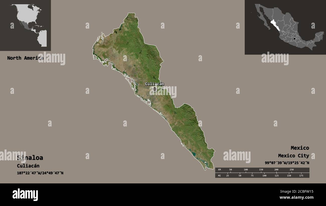 Shape of Sinaloa, state of Mexico, and its capital. Distance scale ...