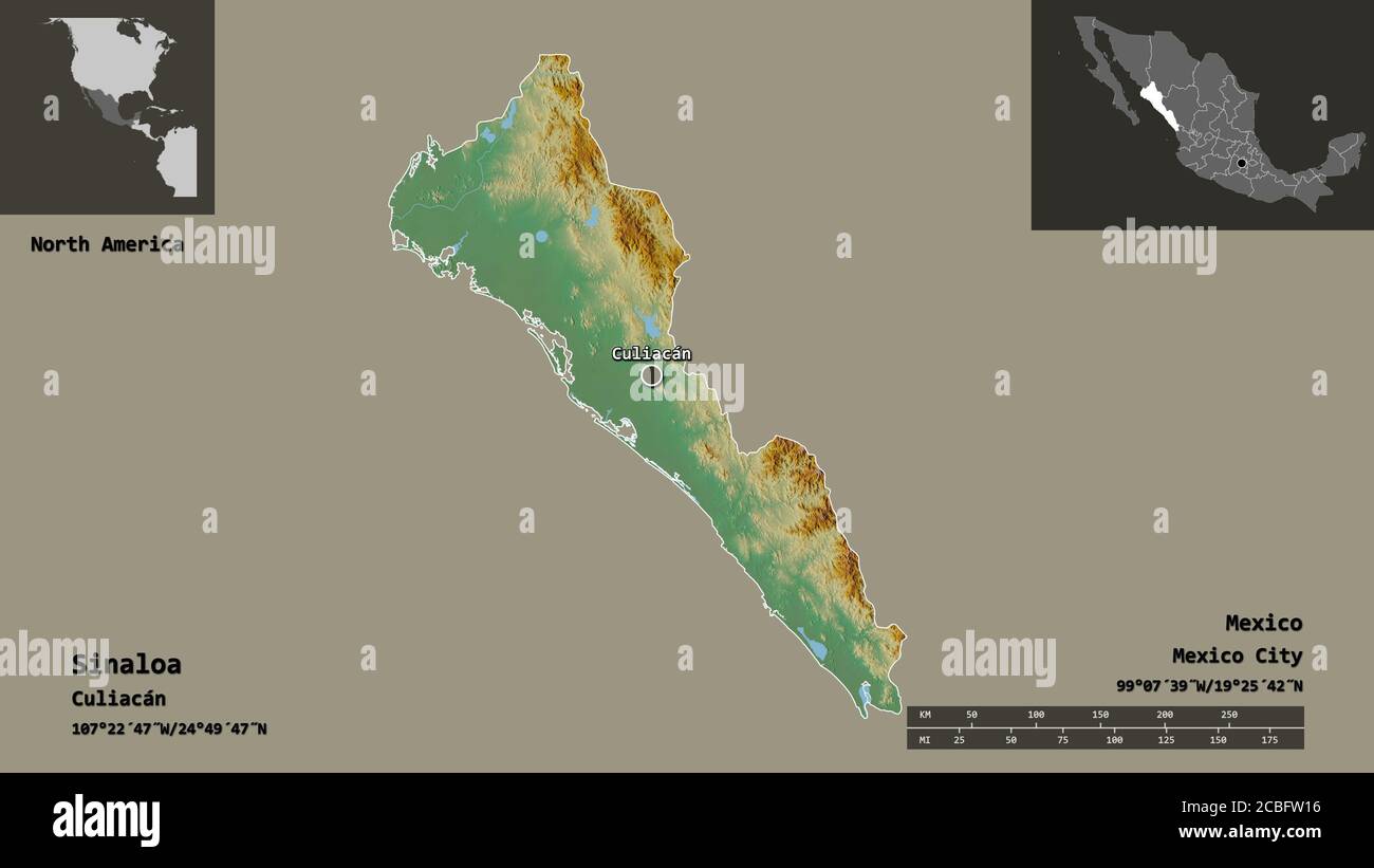 Shape of Sinaloa, state of Mexico, and its capital. Distance scale ...