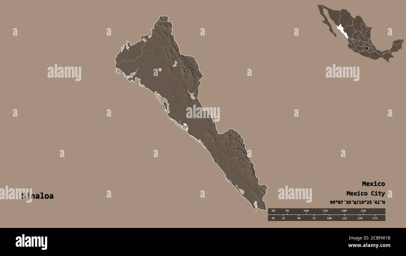 Shape of Sinaloa, state of Mexico, with its capital isolated on solid ...