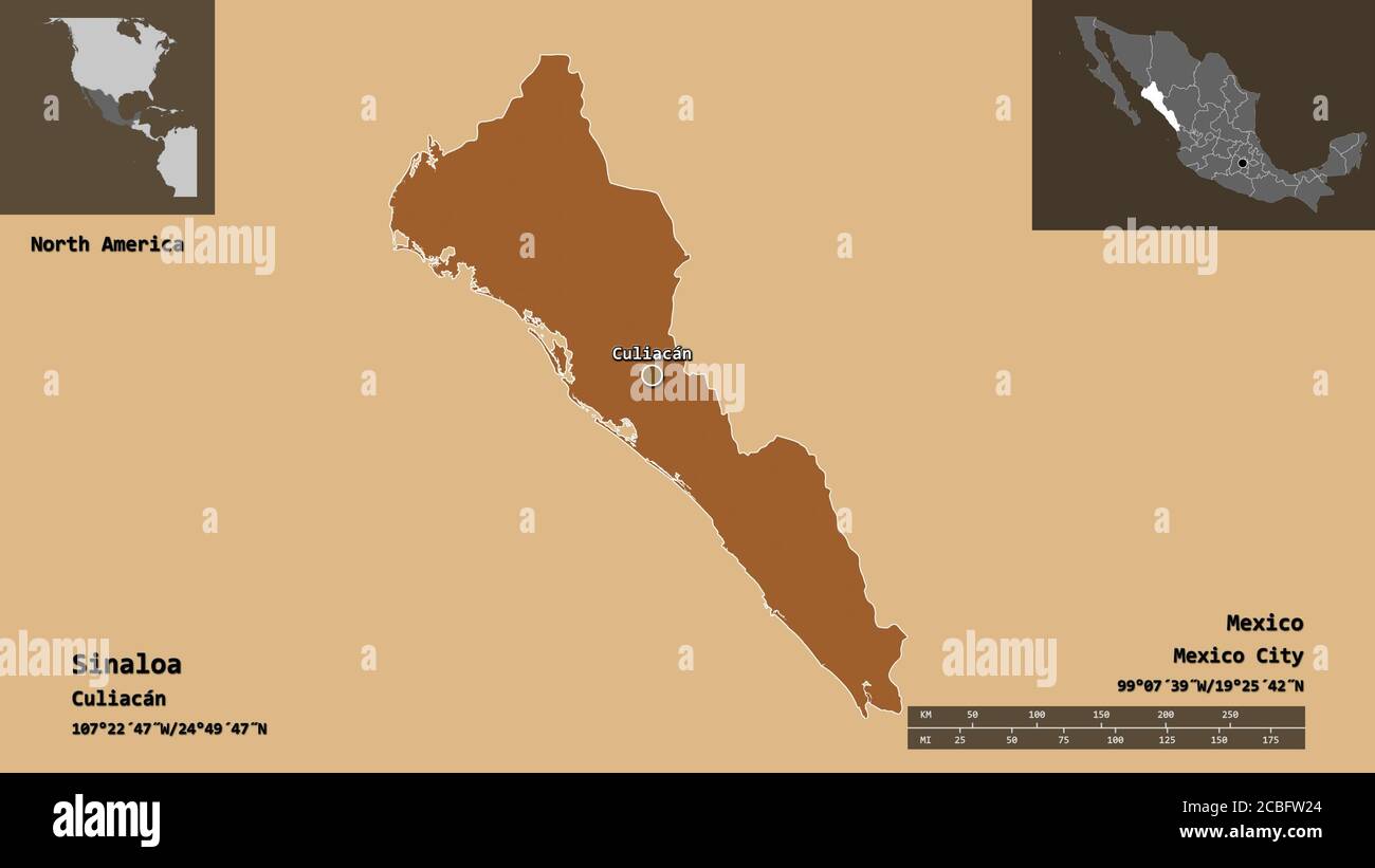 Shape of Sinaloa, state of Mexico, and its capital. Distance scale ...