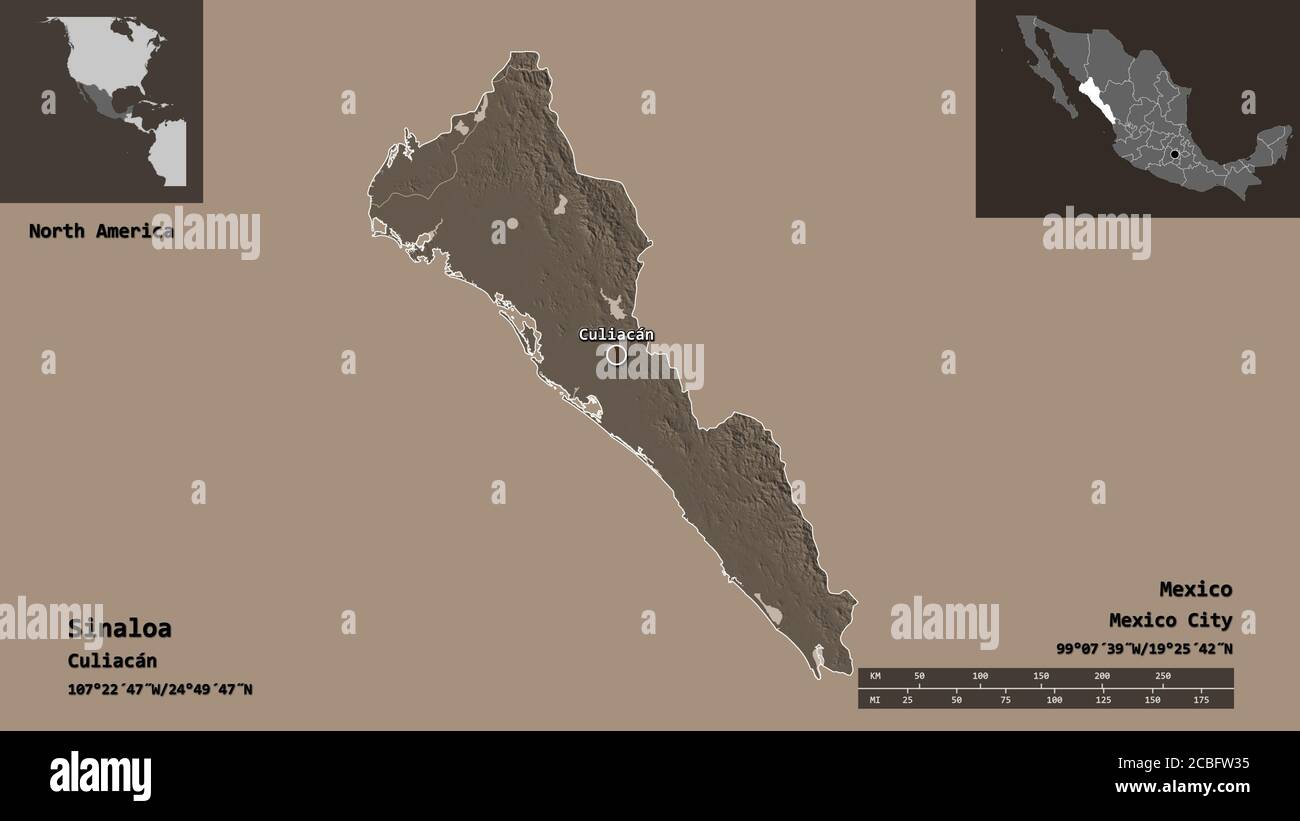 Shape of Sinaloa, state of Mexico, and its capital. Distance scale ...