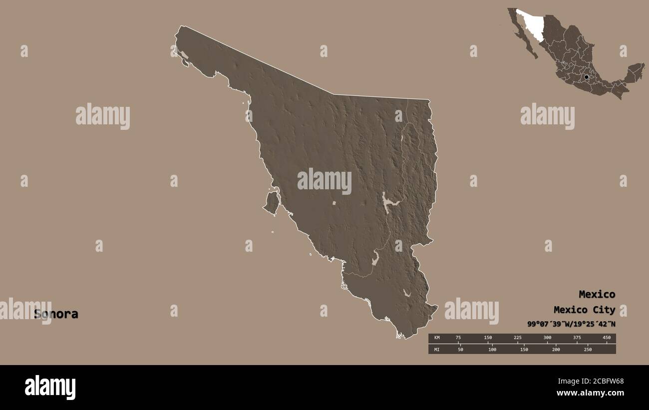 Shape of Sonora, state of Mexico, with its capital isolated on solid ...