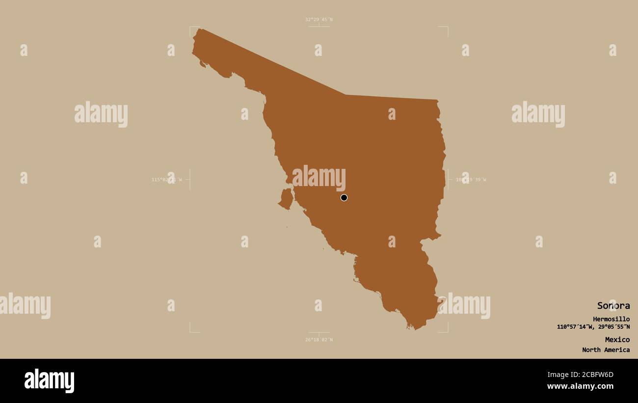 Area of Sonora, state of Mexico, isolated on a solid background in a georeferenced bounding box ...