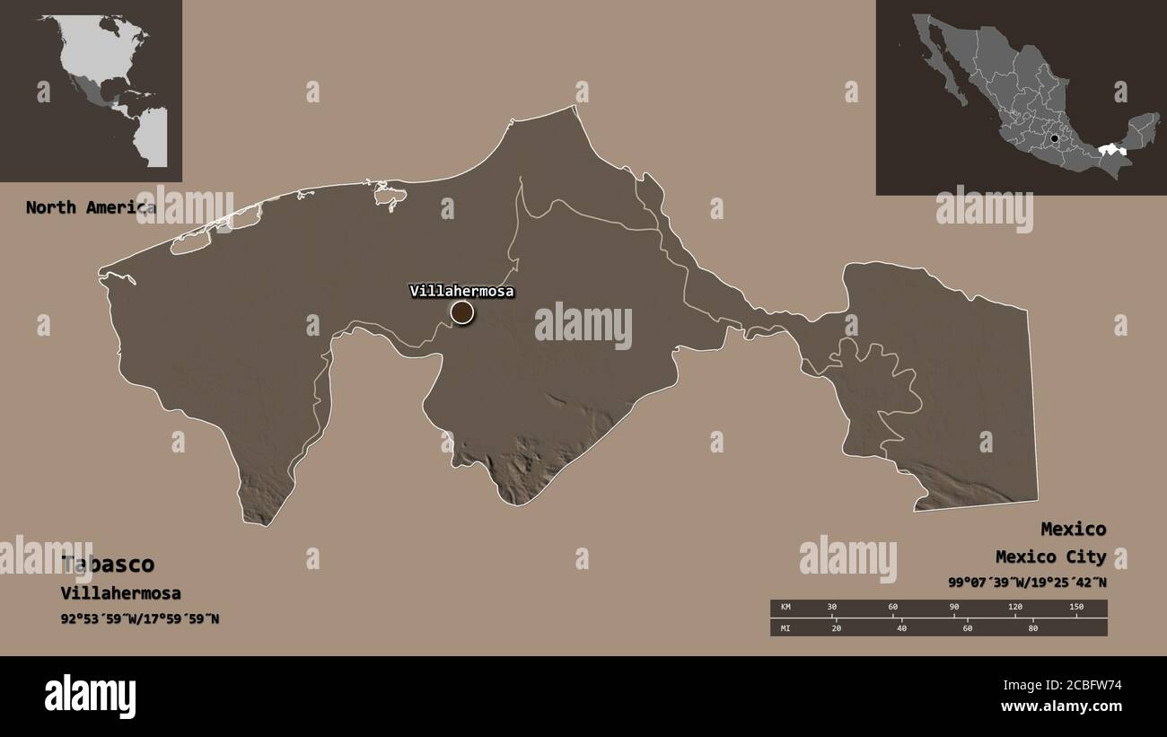 Shape of Tabasco, state of Mexico, and its capital. Distance scale ...