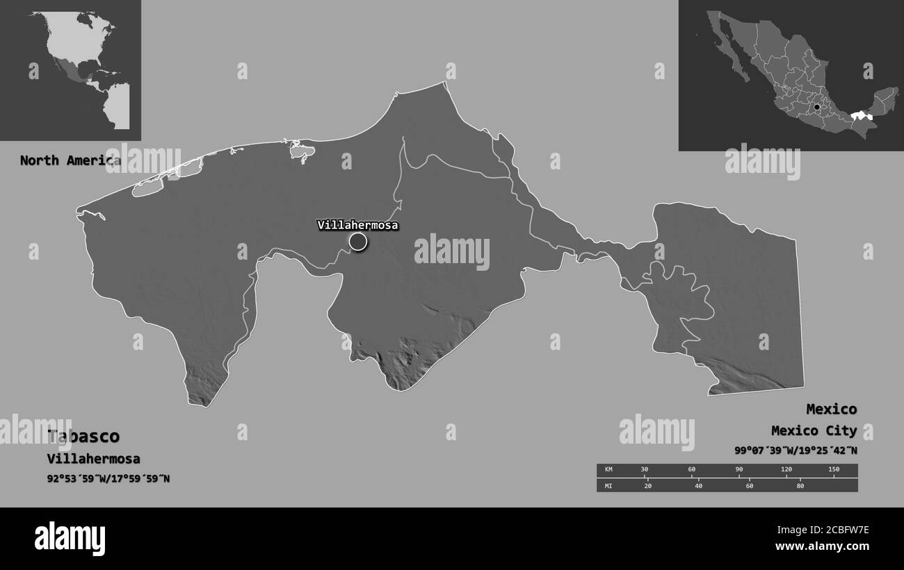Shape of Tabasco, state of Mexico, and its capital. Distance scale ...