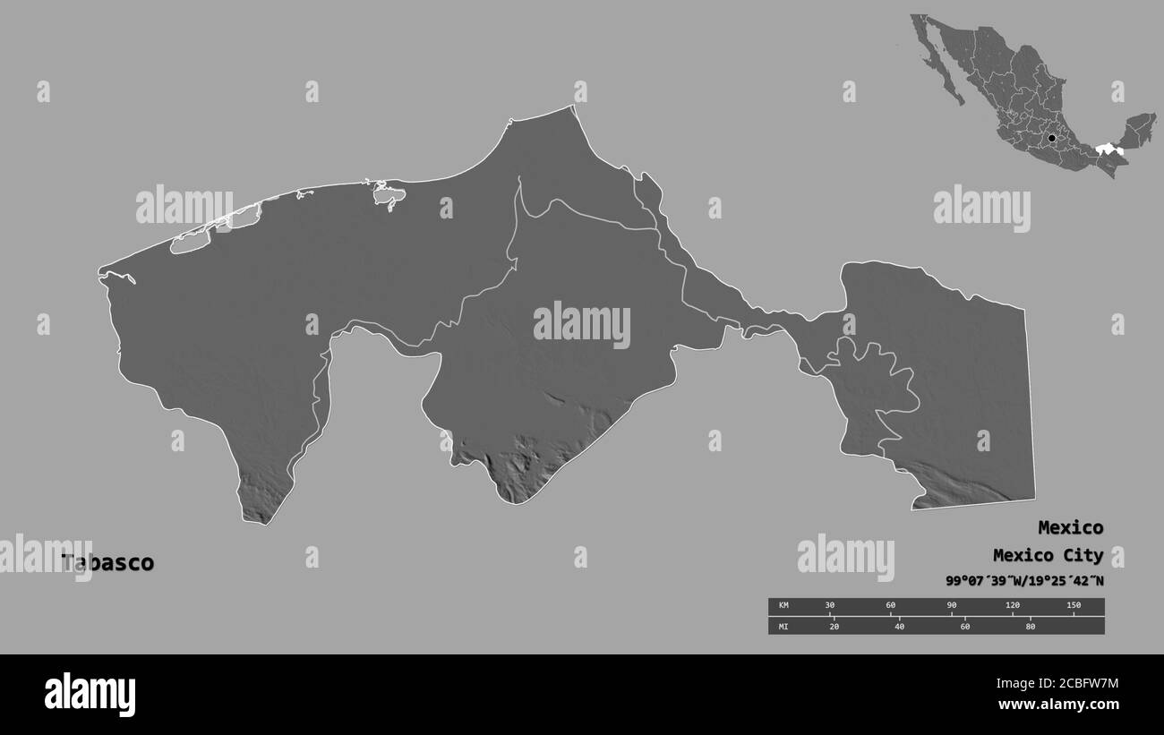 Shape of Tabasco, state of Mexico, with its capital isolated on solid ...