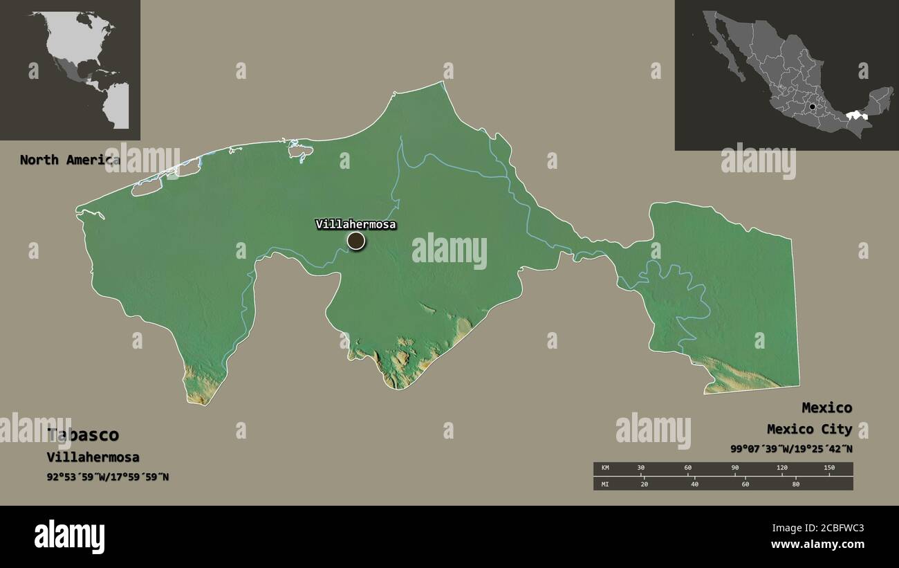 Shape of Tabasco, state of Mexico, and its capital. Distance scale ...