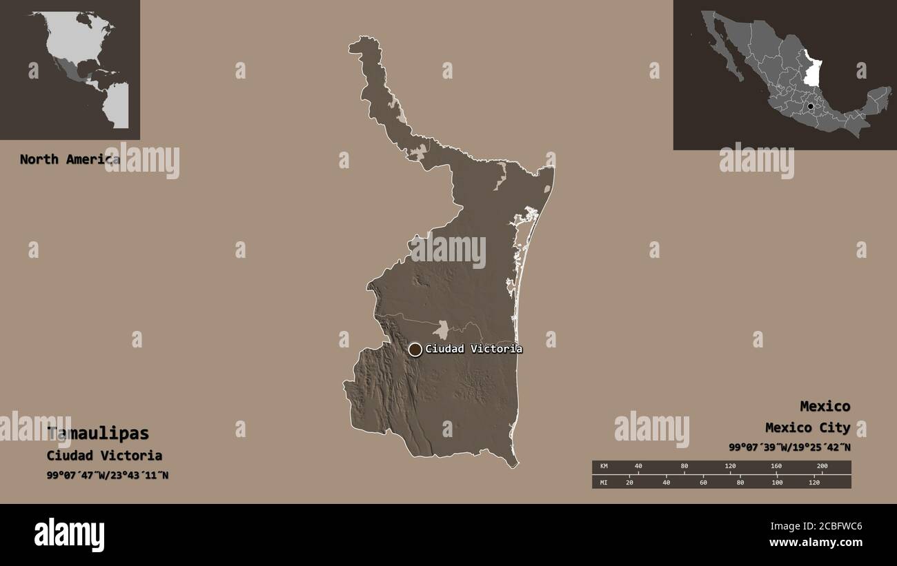 Shape of Tamaulipas, state of Mexico, and its capital. Distance scale ...