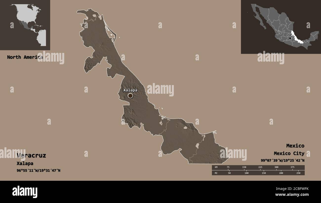 Shape of Veracruz, state of Mexico, and its capital. Distance scale ...