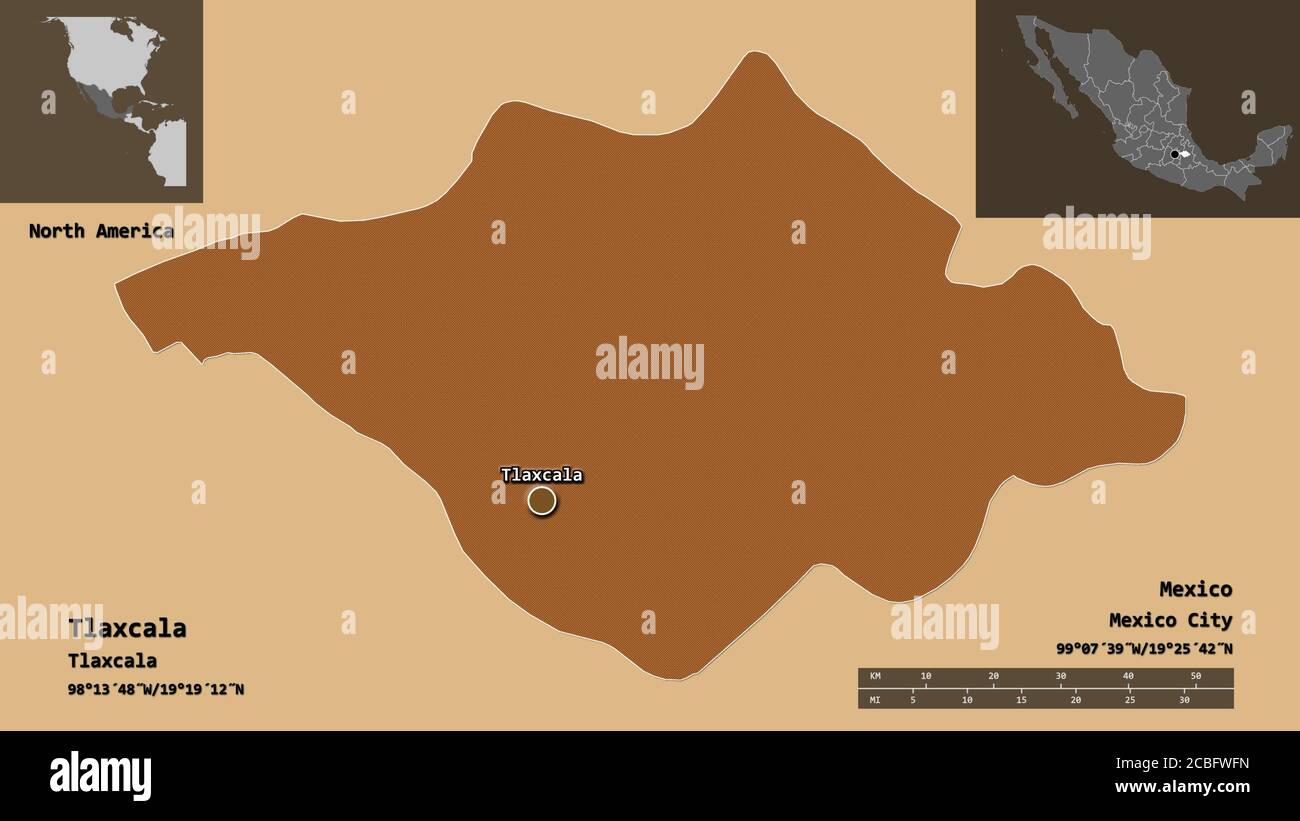 Shape of Tlaxcala, state of Mexico, and its capital. Distance scale ...