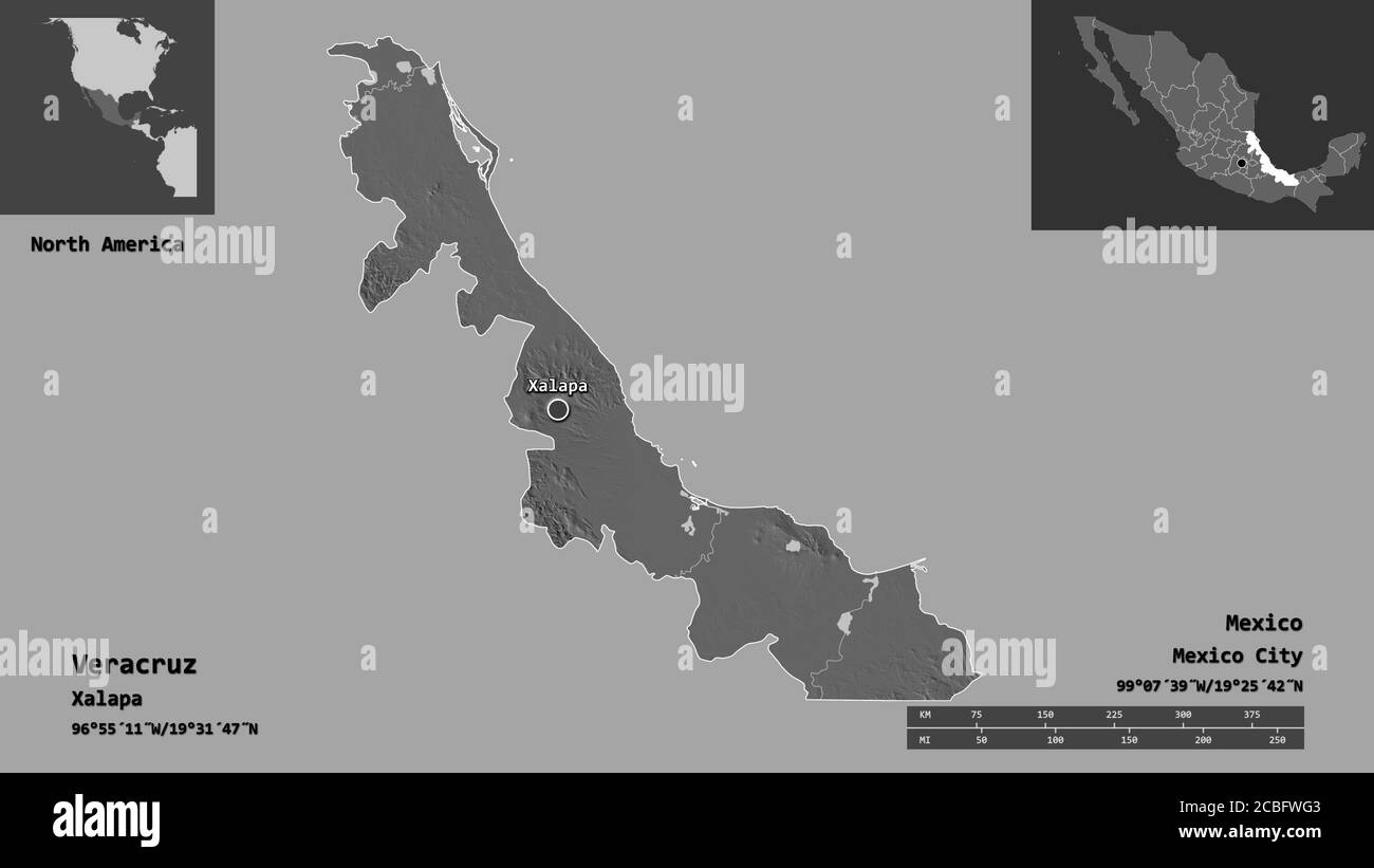 Shape of Veracruz, state of Mexico, and its capital. Distance scale ...
