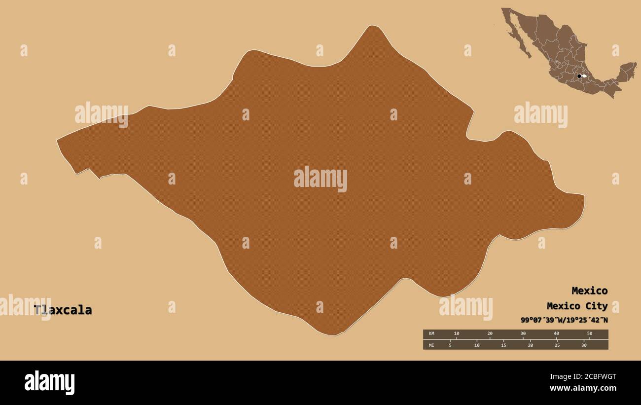 Shape of Tlaxcala, state of Mexico, with its capital isolated on solid ...