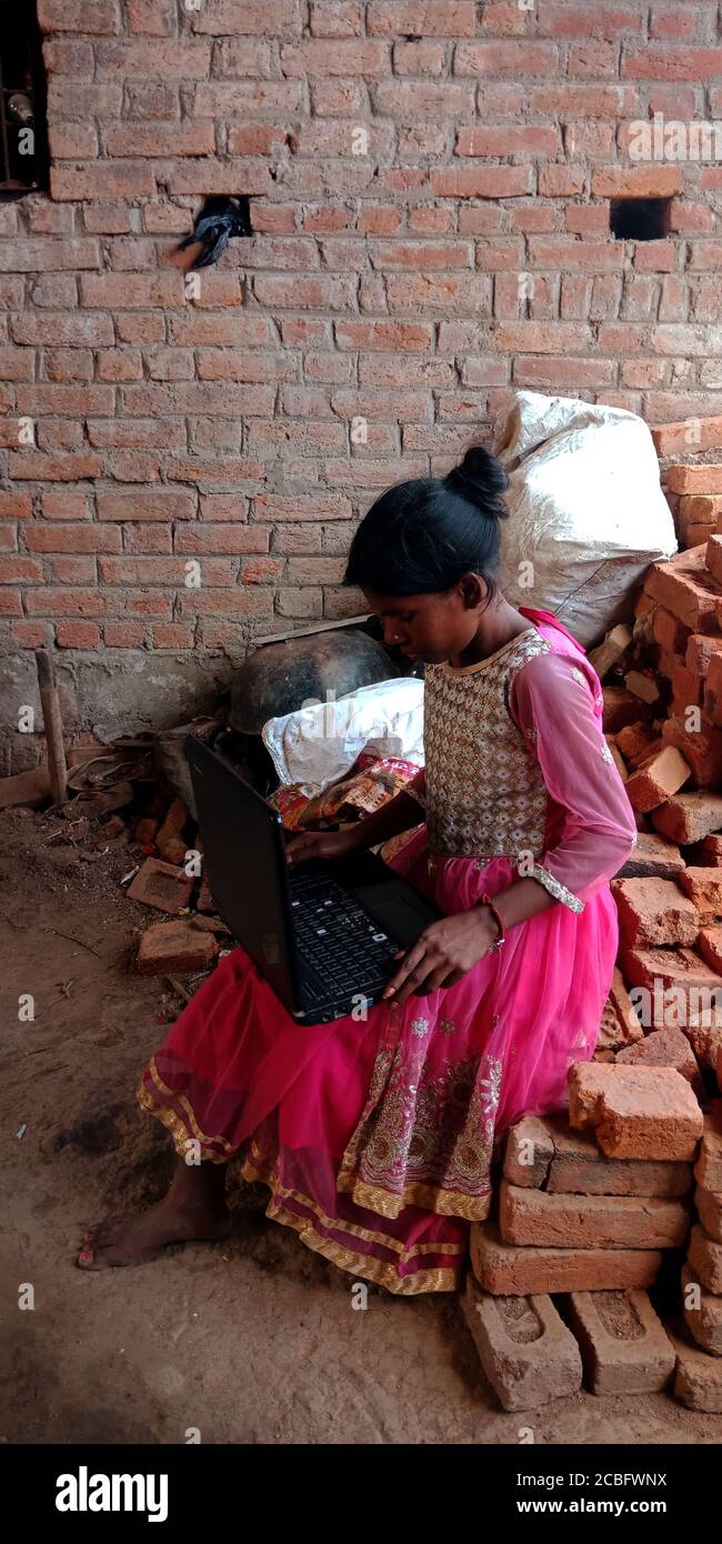 DISTRICT KATNI, INDIA - AUGUST 20, 2019: An indian village poor girl ...