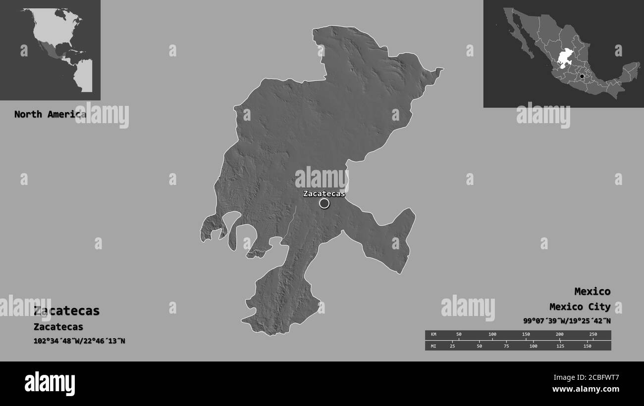 Shape of Zacatecas, state of Mexico, and its capital. Distance scale ...