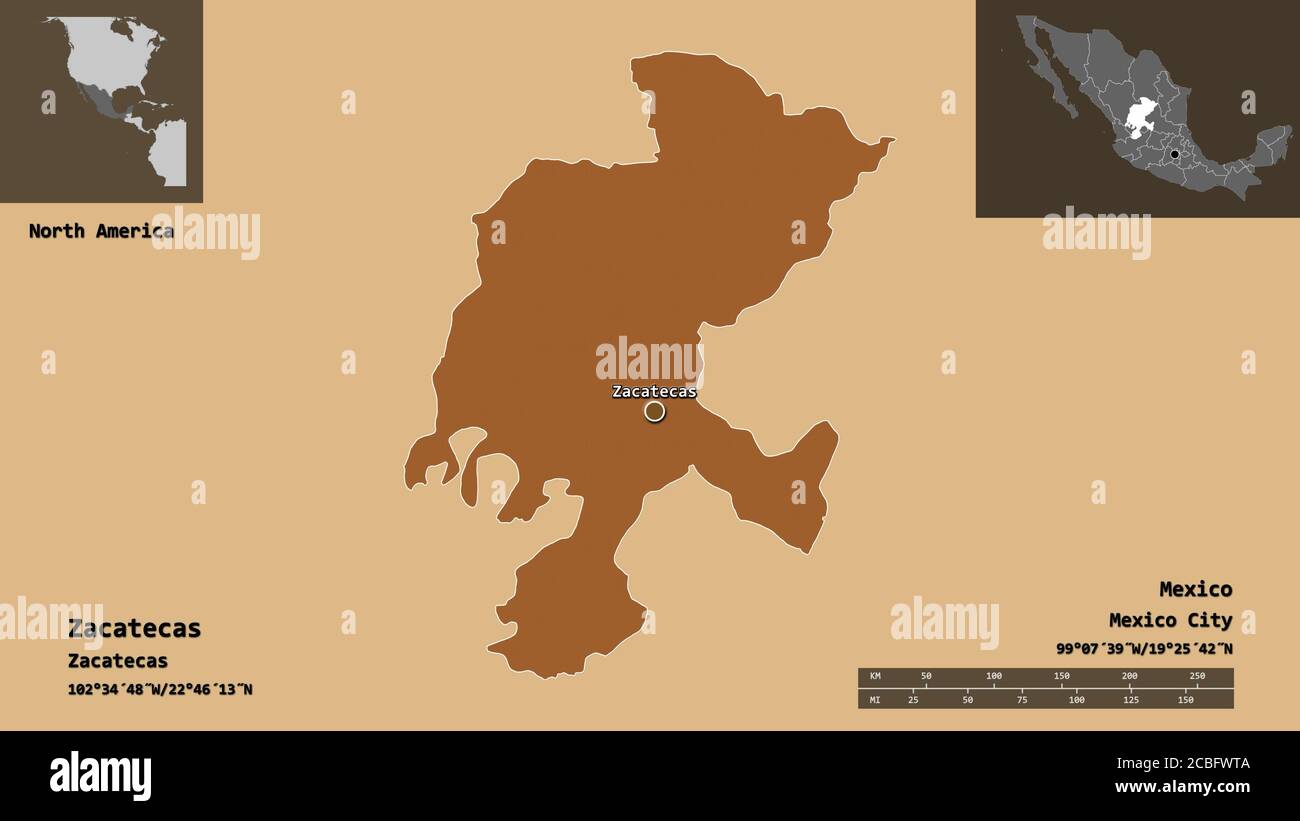 Shape of Zacatecas, state of Mexico, and its capital. Distance scale ...