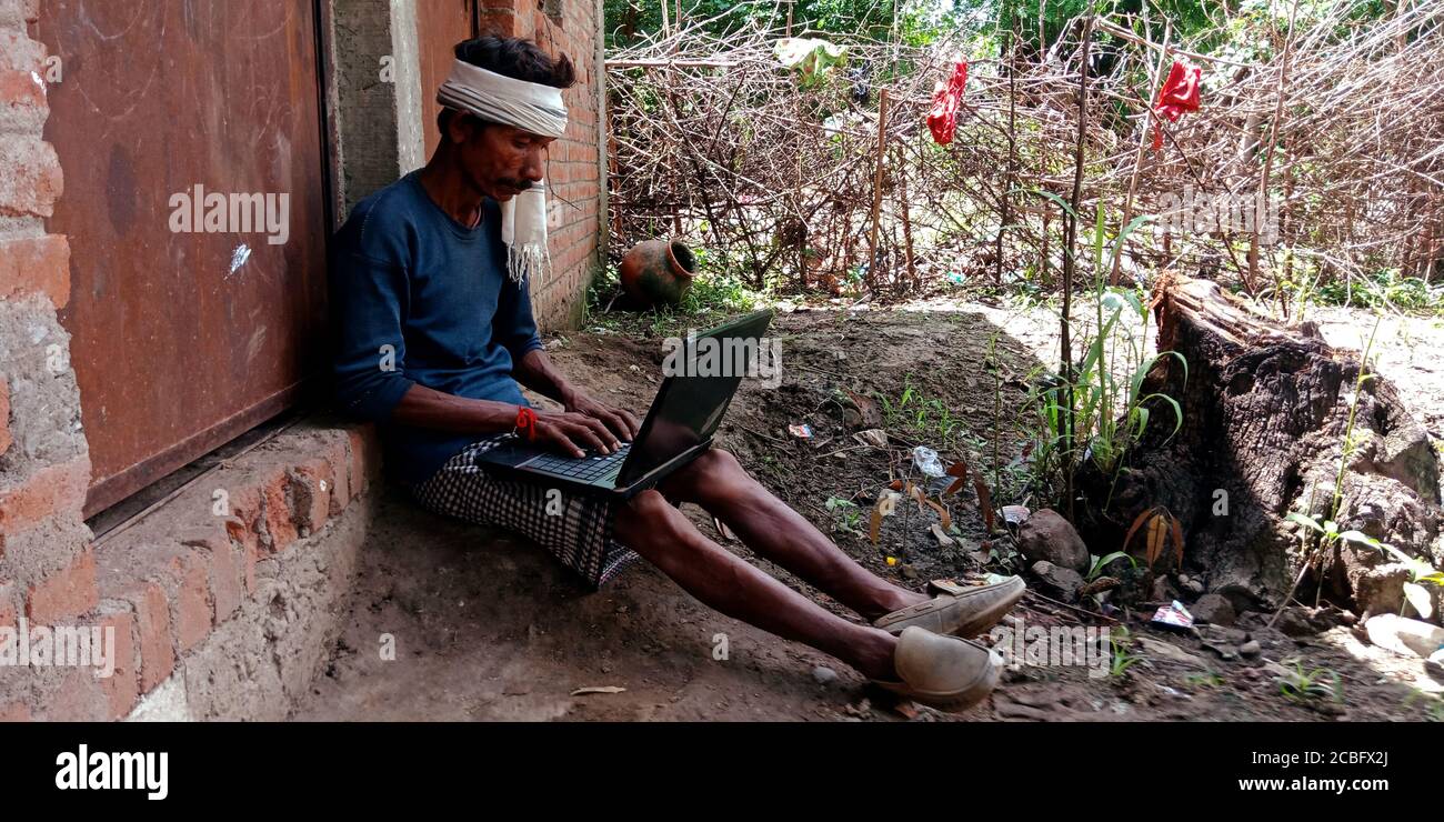 DISTRICT KATNI, INDIA - AUGUST 20, 2019: An indian village farmer man ...