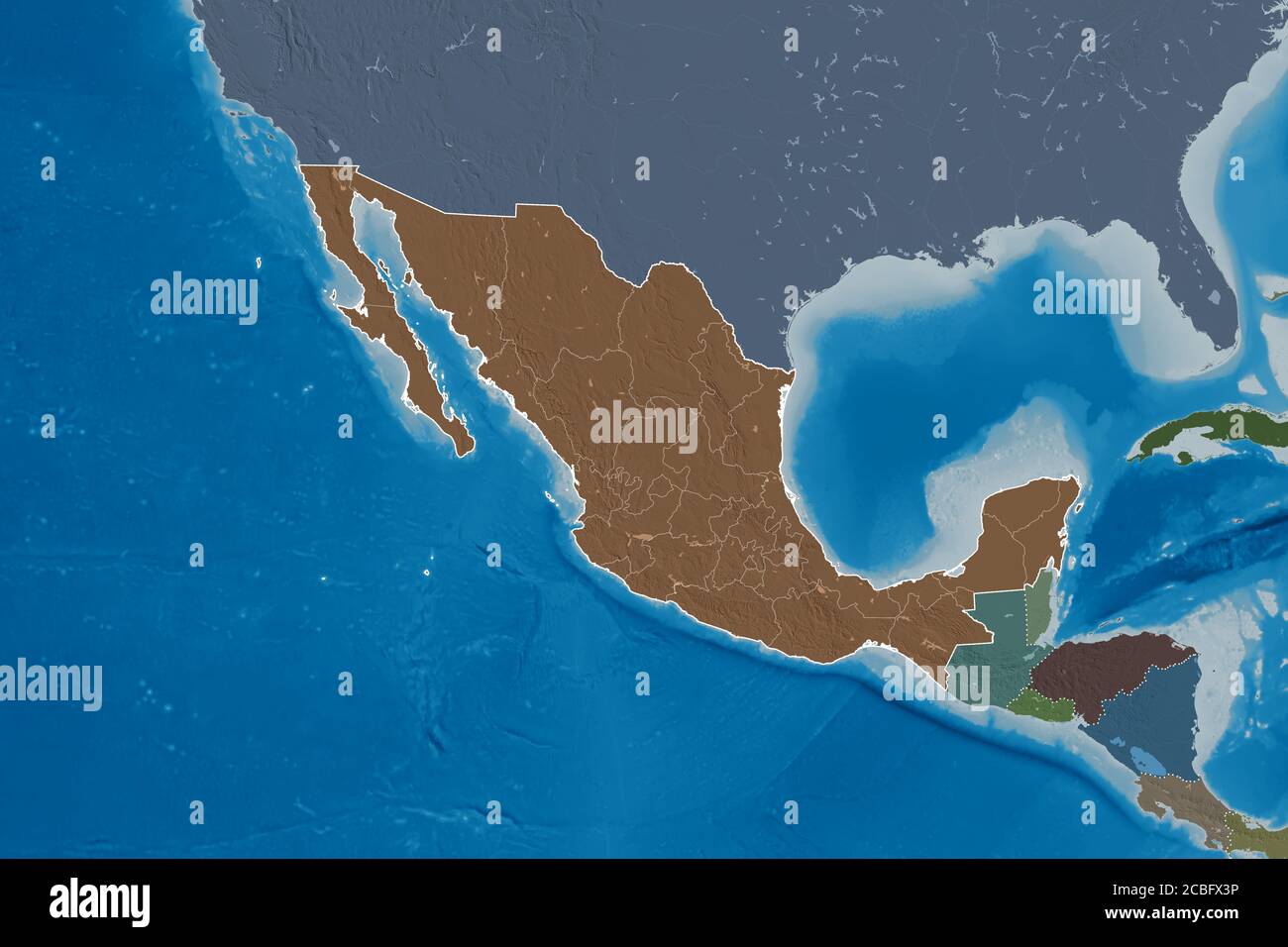Extended area of Mexico with country outline, international and ...