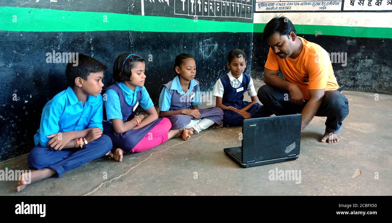 Indian School Children With Computer