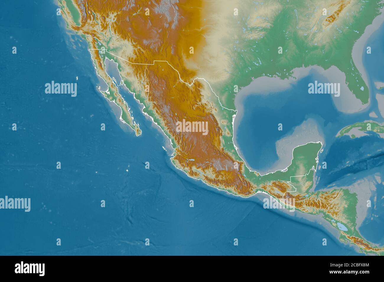 Extended area of outlined Mexico. Topographic relief map. 3D rendering ...