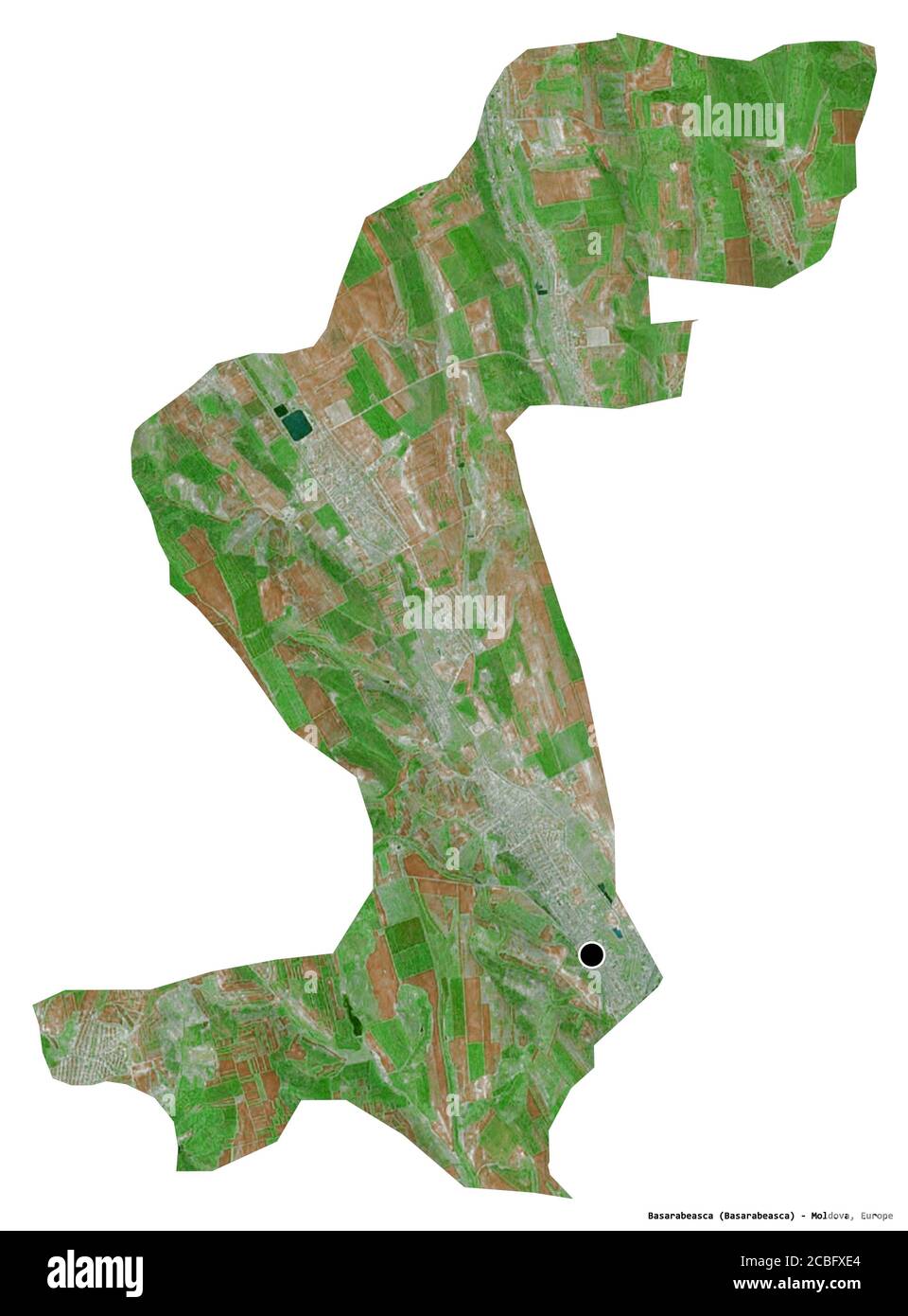 Shape of Basarabeasca, district of Moldova, with its capital isolated on white background ...