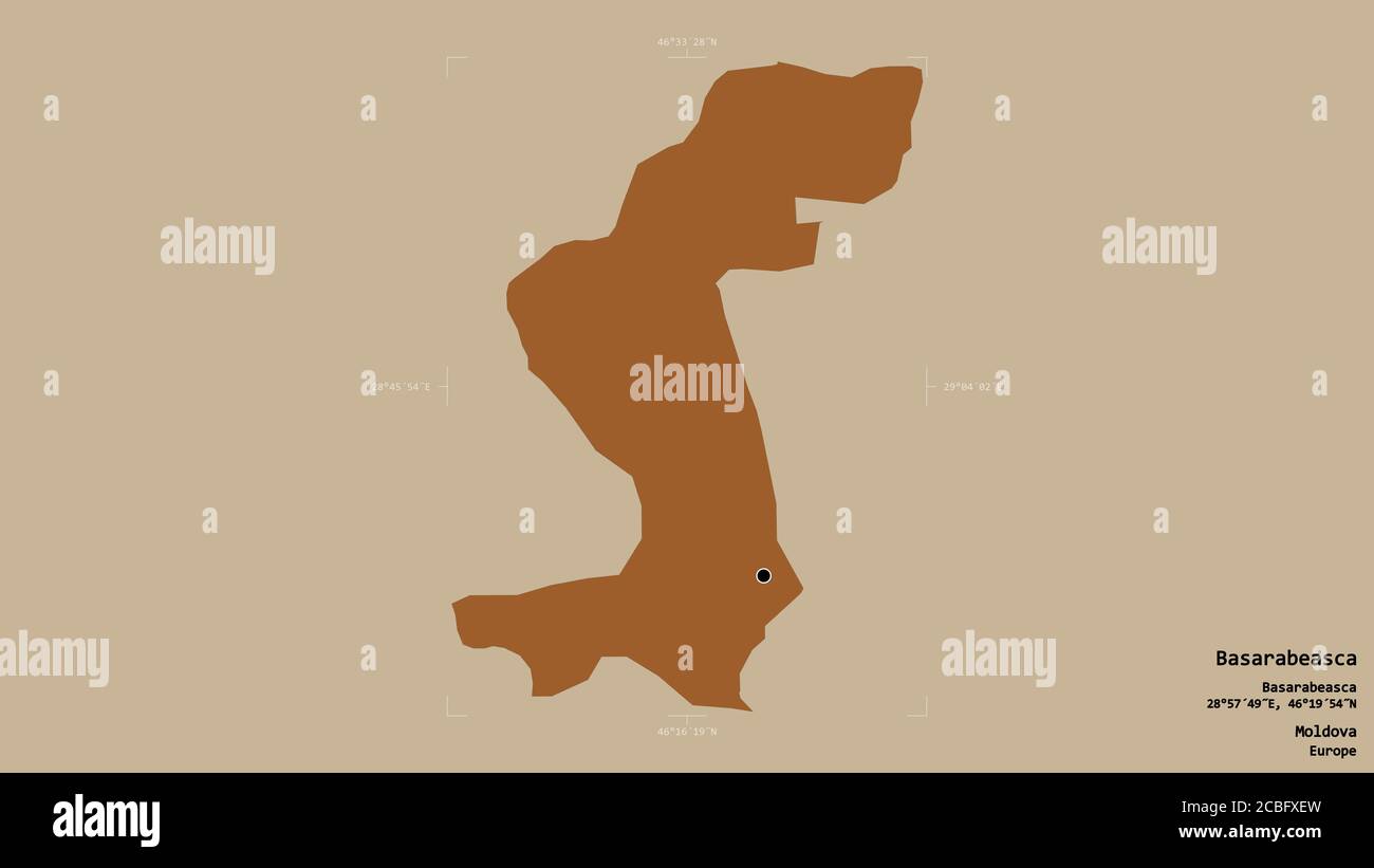 Area of Basarabeasca, district of Moldova, isolated on a solid background in a georeferenced ...