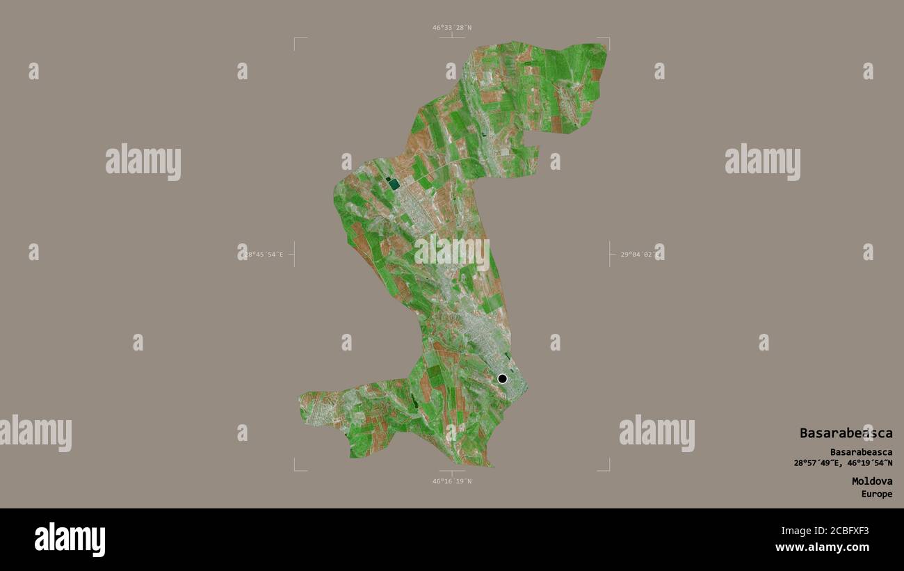 Area of Basarabeasca, district of Moldova, isolated on a solid background in a georeferenced ...