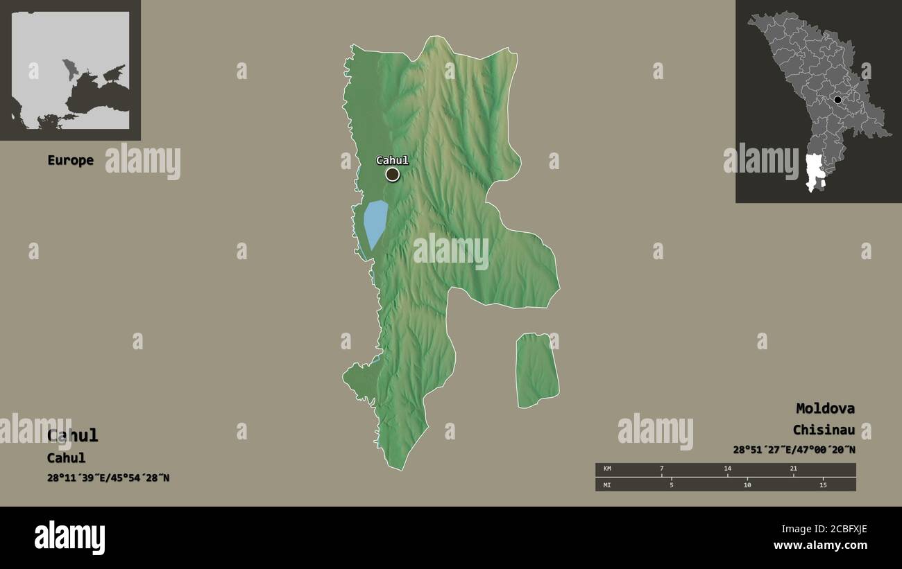 Shape of Cahul, district of Moldova, and its capital. Distance scale ...
