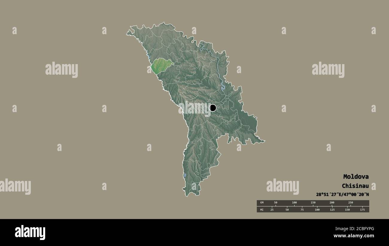 Desaturated shape of Moldova with its capital, main regional division ...