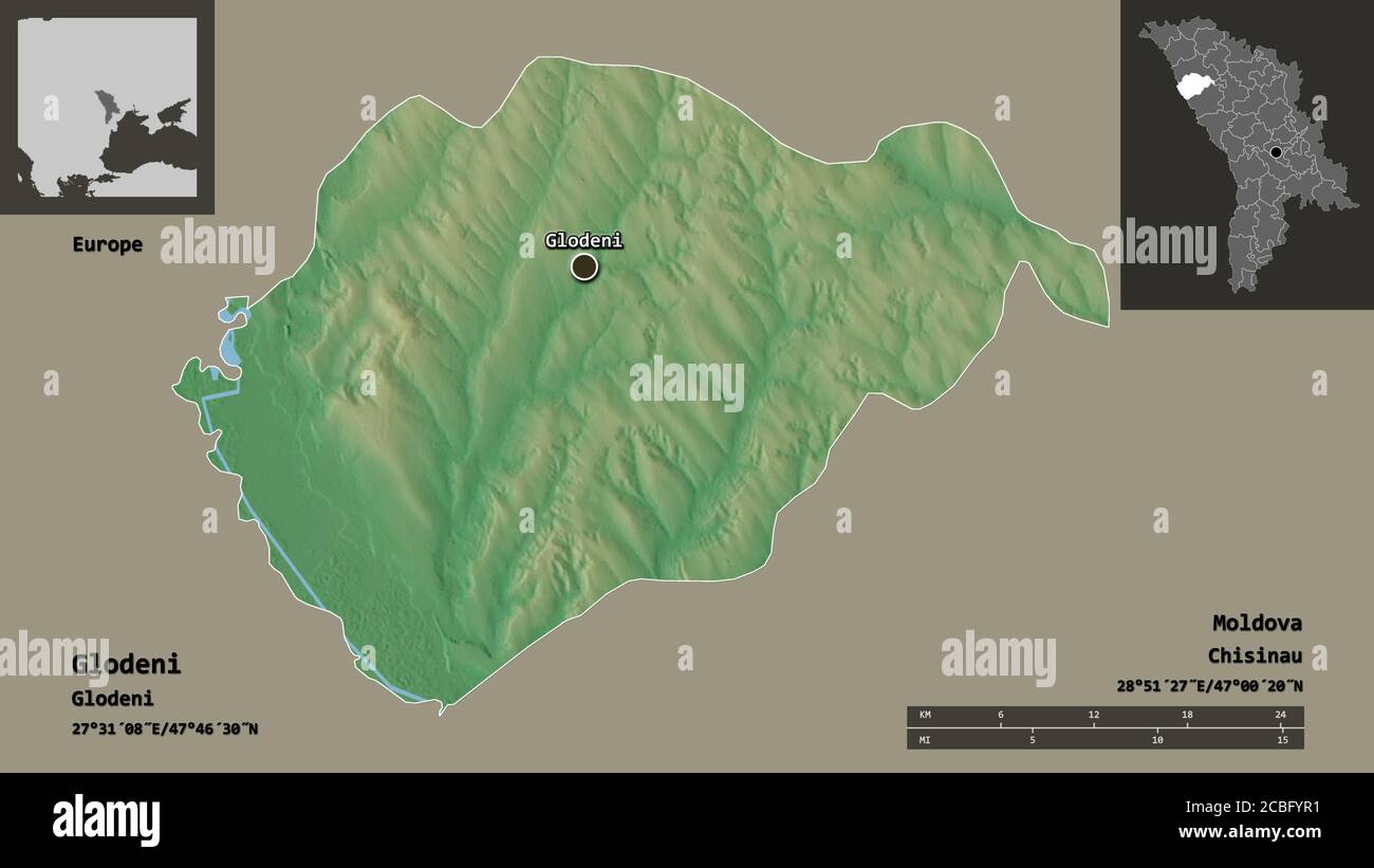 Shape of Glodeni, district of Moldova, and its capital. Distance scale ...