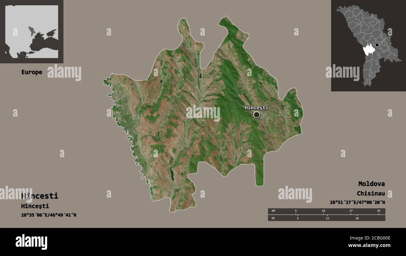 Shape of Hîncesti, district of Moldova, and its capital. Distance scale ...